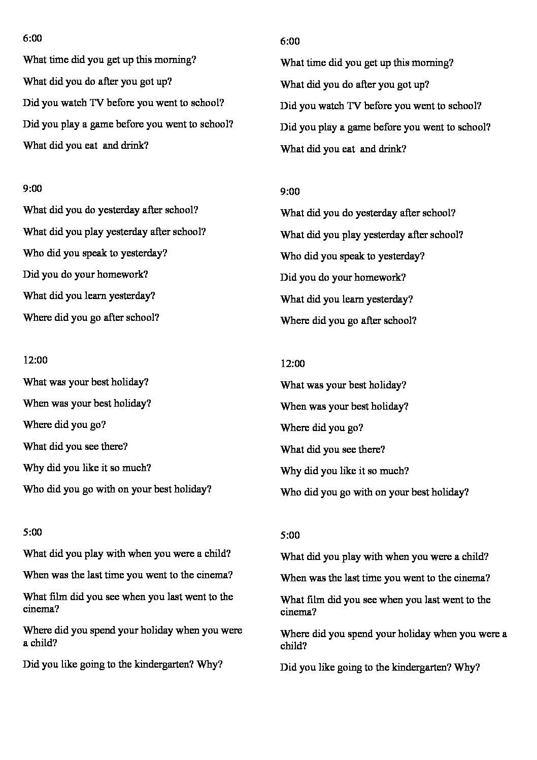 Past simple questions clock speaking - Games to learn English