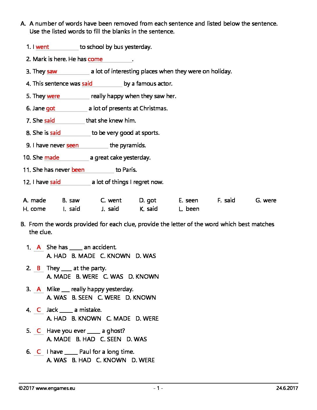 Irregular verbs part 1_key - Games to learn English